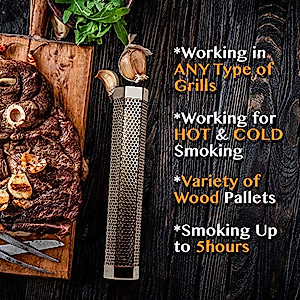 Goqual 12" Hexagon Premium Smoker Tube/1 Silicone Brush/2 S-Shaped Hooks/1 Black Cleaning Brush/1 Heat Resistant Grill Glove Accessories-up to 4-6 Hours, Cold and Hot Smoking, Smoke Tube for Grill