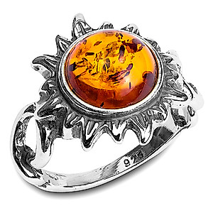 Amber and Sterling Silver Medium Flaming Sun Ring