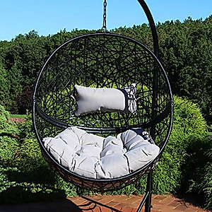 Sunnydaze Jackson Hanging Egg Chair - Resin Wicker - Modern All-Weather Construction - Outdoor Lounging Chair - Large Basket Style with Removable Gray Cushions