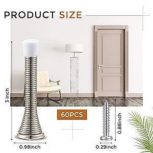60 Pcs Spring Door Stopper with Rustproof Screw Rubber Bumper Tips, 3" Flexible Heavy Duty Spring Wall Door Stop Low Mounted Door Bumper for Home Spring Door Stoppers for Bottom of Door (Silver)
