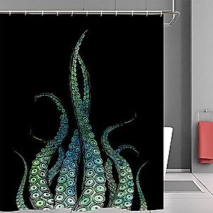 WYURMKT Octopus Tentacles Shower Curtain Kraken Ocean Animal Green Sea Underwater Creature Simple Black Backdrop Cool Creative Art Bathroom Decor Curtains Set Polyester Fabric with Hooks 70Wx70H Inch