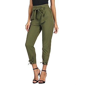 GRACE KARIN Womens Casual High Waist Pencil Pants with Pockets Bow-Knot Cropped Paper Bag Pants for Work Army Green M
