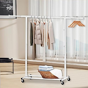 Fishat Freestanding Heavy Duty Metal Clothing Garment Rack Hanging Clothes on Lockable Wheels Mobile for Coats Dresses, Dorm Bedroom Home Balcony, Rolling Organizer Simple Standard Rod Portable, White