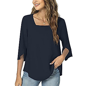 TAOHUADAO Womens 2025 Summer Casual Square Neck Loose Tunic Top for Leggings 3/4 Sleeve Chiffon Blouse Shirt Tops Large, Navy Blue