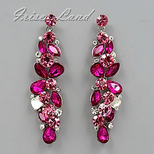 Womens Jewelry Fuchsia Pink Crystal Rhinestone Bridal Drop Dangle Earrings Sparkling Cluster style in Silver Tone for Wedding prom Party Birthday Gift