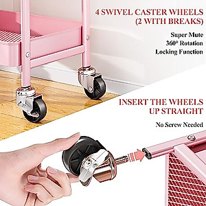 3 Tier Rolling Cart Organizer - Utility Cart on Wheels, Metal Pink Rolling Storage Cart with DIY Dual Pegboards, Removable Baskets Hooks, Teacher Rolling Art Cart for Office, Home, Kitchen, Classroom