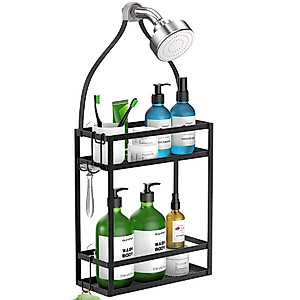 Meangood Shower Caddy Organizer,Mounting Over Shower Head Or Door,Extra Wide Space for Shampoo, Conditioner, and Soap with Hooks for Razorsand More,10.5" x 4.5" x 22.4", Mental Black