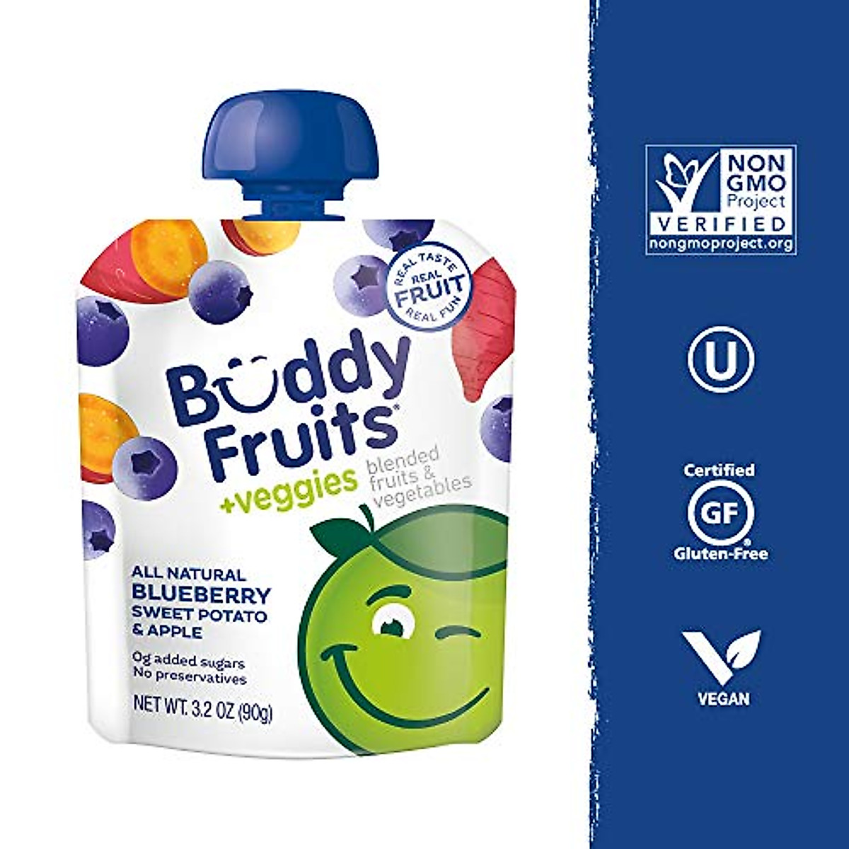 Buddy Fruits & Veggies Snacks To Go Blueberry Sweet Potato Unsweetened Applesauce 3.2oz (18pk) Gluten-Nut-Dairy-Preservative-BPA Free, Non GMO, Kosher