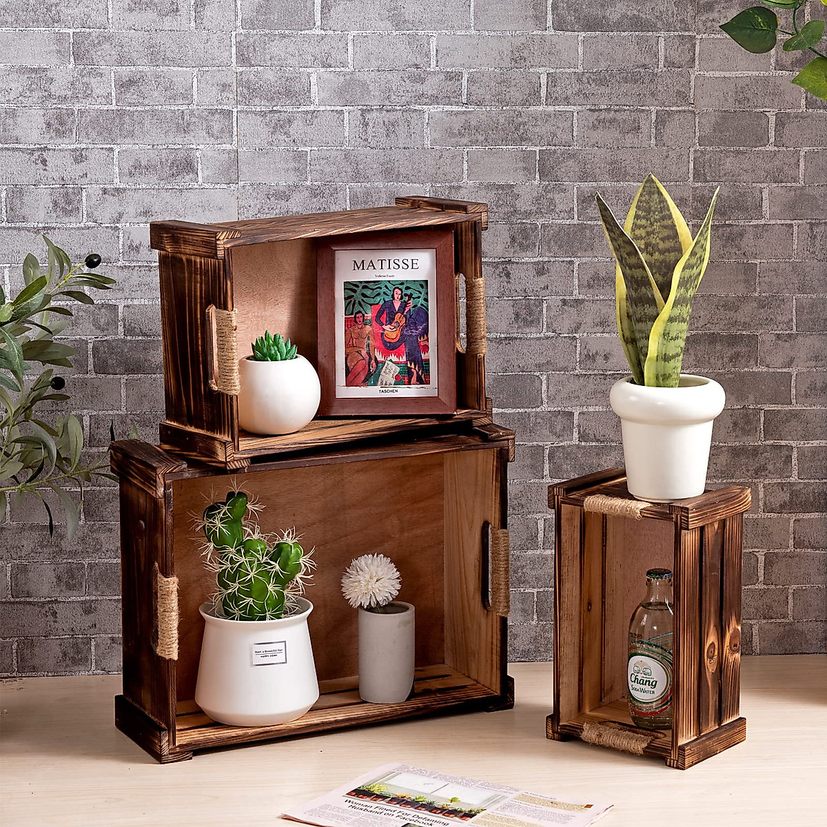 TIMRIS Set of 3 Rustic Wood Nesting Crates, Farmhouse Wooden Storage Container Boxes with Cutout Handles, Decorative Wooden Baskets for Display (Rustic Brown)