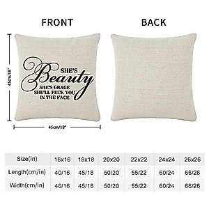 Farmhouse Pillow Covers 18x18 She's Beauty,She's Grage She'll Peck You in The Face Cotton Linen Throw Pillow Covers Decorative Home Decor Square She's Beauty Cushion Case for Couch
