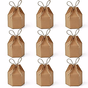 Samanter 50Pack Paper Gift Boxes Lantern Hexagon Kraft Paper Package Box with Twine Candy Chocolate Gift Packing Wrap for Wedding Party Christmas Brown