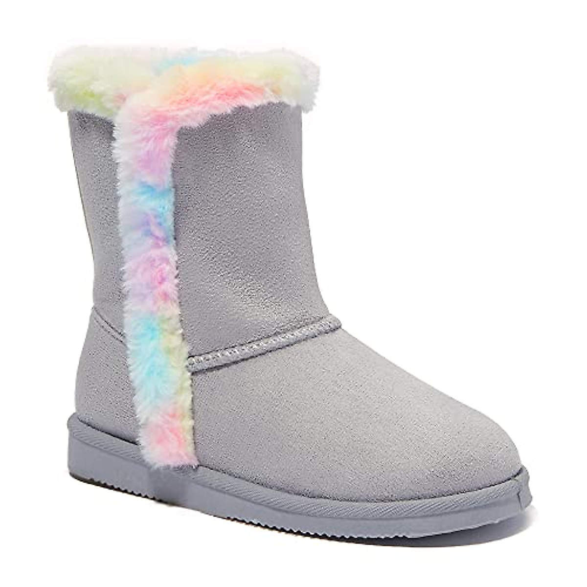 FabKids Faux Fur Lined Warm Winter Easy Slip On Boots (Toddler Little Kid Big Kid), Grey with Rainbow, Size 2