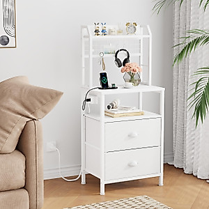 Furologee Tall Nightstand with Charging Station & LED Lights, 41'' Bedside Table with 2 Drawers & Pegboard, White Night Stand with Hooks & Folders, End Table with Shelves for Bedroom/Living Room