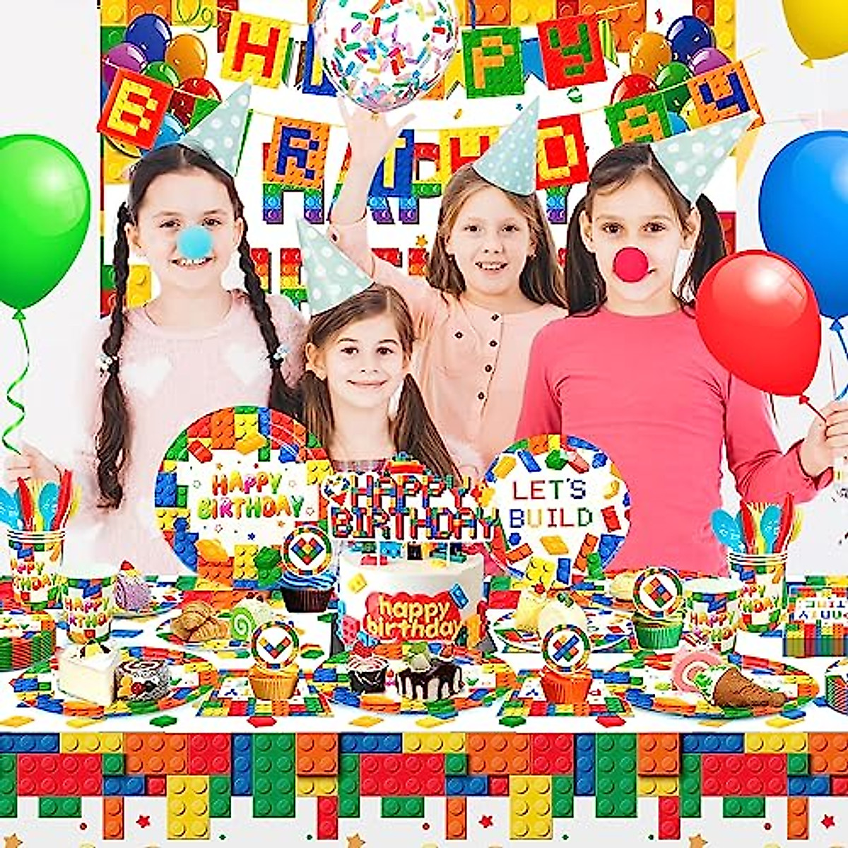 Building Blocks Birthday Party Supplies,114pcs Building Block Party Decorations&Building Blocks Tableware Set - Building Blocks Party Plates Napkins Backdrop Balloons etc Building Block Party Supplies