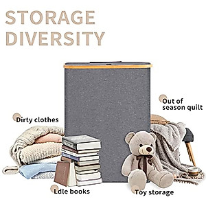 BRIAN & DANY 123L Laundry Basket with Lid, Large Laundry Hamper Organizer 2 Section with Removable Bag Liner for Bathroom and Bedroom (Grey)