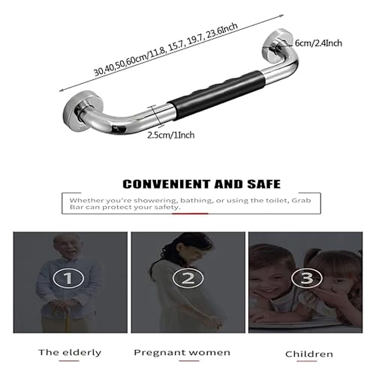 MINAKEDA Grab Bar Bathroom Stainless Steel Bath Grab Rail Shower Safety Handrail Anti Slip Rubber Grip Balance Bar Handle for Elderly Disabled Children Kitchen, 19.7Inch