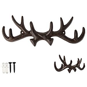 Comfify Vintage Cast Iron Deer Antlers Wall Mounted Hooks | Antique Finish Metal Clothes Hanger Rack w/Hooks for Coats, Jackets, Purses and More | Includes Screws and Anchors | in Rust Brown