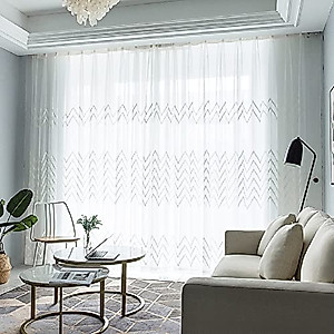 Iuokuby Nordic Sheer Curtains Semi Voile Rod Pocket Style Zig Zag Embroidery High Grade Gauze Drapes for Living Room Bedroom