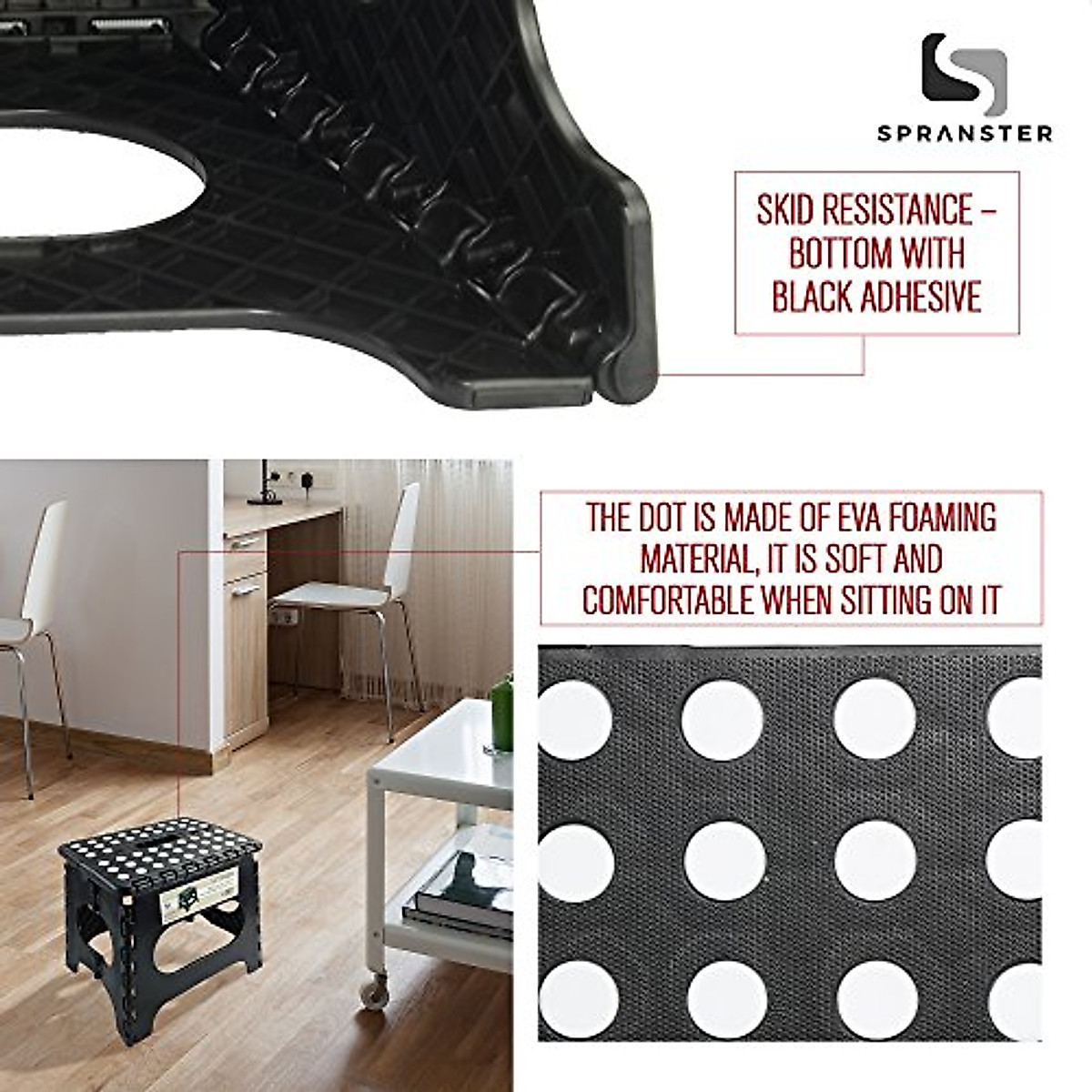 Spranster Super Strong Folding Step Stool - 11" - Sturdy Enough to Hold 300 Lb - Lightweight Foldable Step Stool for Adults and Kids - Opens with one Flip - Great for Kitchen, Bathroom and Bedroom