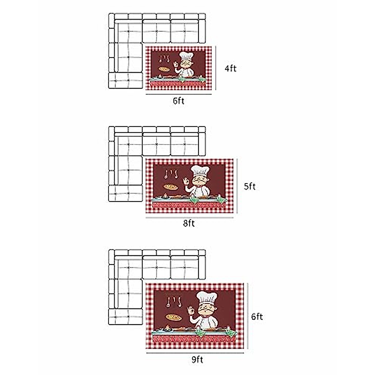 Absorbant Area Rug, Kitchen Decor Cartoon Chef Gourmet Food Dinner Table Wine Red Buffalo Check Outdoor Non-Slip Bottom Carpet Mat for Patio Camping Rv Picnic Backyard Deck Balcony Porch Beach 4x6 ft