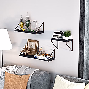 Love-KANKEI Floating Shelves Rustic Shelves Wall Mounted Set of 3 Wall Storage Shelves for Living Room, Bedroom, Kitchen Black/Brown Brackets
