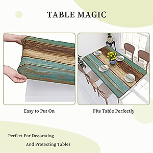 Aiojool Teal Wood Grain Tablecloth Fitted Table Cloth for 4 Foot Rectangle Table, Elastic Edged Table Cover for Indoor Outdoor Patio Picnic, 30 X 48 Inch