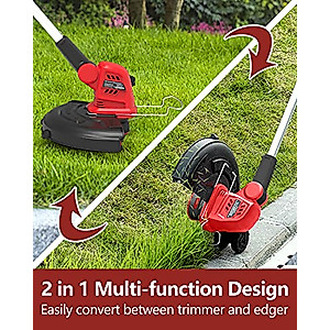 PowerSmart 20V Li-Ion Cordless String Trimmer, One Battery-Auto Feed Thread Trimmer, 12 INCH Cutting Diameter, Height Adjustable Cordless Edger Trimmer Included A Fast Charger and Two Battery