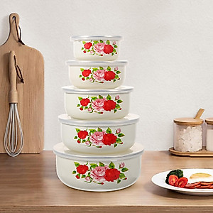 Kichvoe 5Pcs Enamel Bowls with Lids Ice Cream Salads Prepared Bowls Metal Prep Baby Bowls Sugar Candy Nesting Food Storage Food Container Bowl 5 pieces