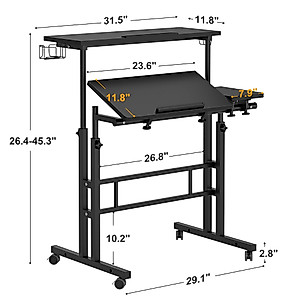 SogesPower 2 Platforms Mobile Laptop Desk Adjustable Side Table Computer Stand for Bed Sofa,Mobile Standing Desk with Cup Holder and Hooks,Black