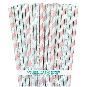 Light Pink and Silver Paper Straws Stripe Polka Dot - 7.75 Inches - 100 Pack - Outside the Box Papers Brand