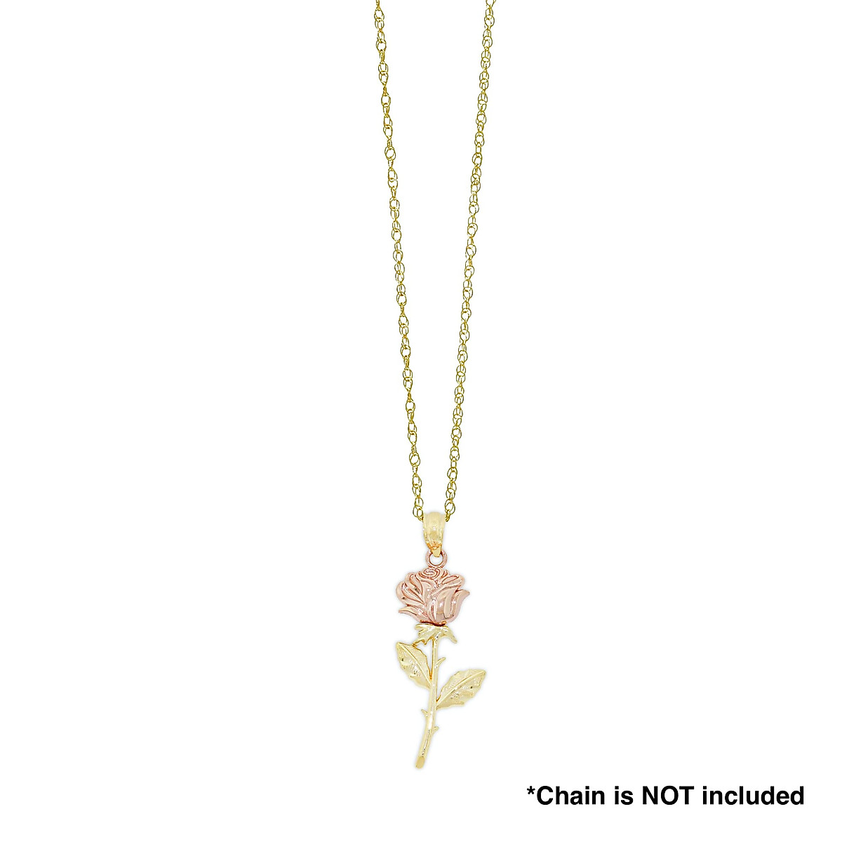 CA CHARMAMERICA Gold Long Stem Rose Charm - Rose Pendant Charm - Mother's Day Gift, Birthday Gift - Rose Flower Dangle Charm -10 Karat Solid Yellow and Rose Gold (Style 1)