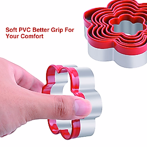 Flower Cookie Cutters Set 6-Pcs, Metal Flower Shapes Biscuit Cutter Made of Food Grade Stainless Steel, Protective Red TOP with Soft PVC, Safe & Healthy for Kids