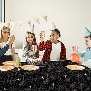 3-Piece 54 x 108 Inch Spider Web Plastic Tablecloth - Black Spiderweb with Spiders Designs, Disposable Rectangle Table Cover for Dining, Birthday, Halloween, Spooky Themed Indoor Outdoor Decorations