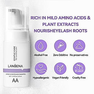 LANBENA 100ml Eyelash Extension Cleanser, Lash Shampoo for Lash Extensions, AMINO ACID Eyelash Shampoo Oil Free Foam Lash Bath for Eyelash Extensions, Lash Cleaning Kit with Brush,Home Salon Use