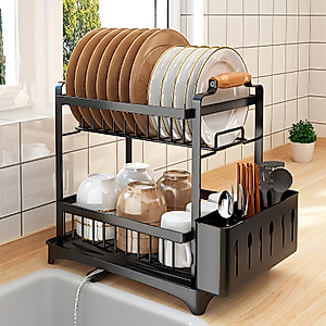 Santentre 2-Tier Dish Drying Rack with Removable Utensil Holder, Over Sink Dish Drying Rack for Space Saver, Dish Drainers for Kitchen Counter, Rust Resistant Stainless Steel Dish Rack, Black