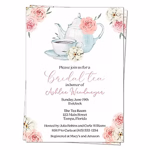 Bridal Shower Invitations Wedding Tea Party Invites Pink English British High Tea Cup Floral Flowers Cake Cookies Brunch Luncheon Customized Printed Cards (12 Count)
