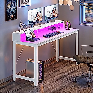 Rolanstar Computer Desk 59 inch with LED Lights & Power Outlets, Home Office Desk with Monitor Shelf, Gaming Desk, Writing Desk, Study Desk for Student & Kids, White