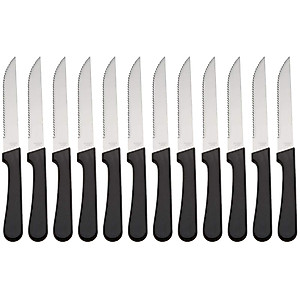 Tezzorio (Set of 12) Serrated-Edge Pointed-Tip Steak Knives, 5-Inch Stainless Steel Blade Steak Knives with Plastic Handles for Restaurants