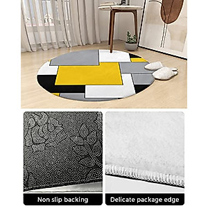 Fluffy Round Area Rugs for Living Room,5ft Carpet Abstract Modern Geometric Art Shaggy Accent Rug Furry Floor Mat for Nursery,Yellow Gray Black White Color Block Plush Non-Slip Bedroom Throw Rugs