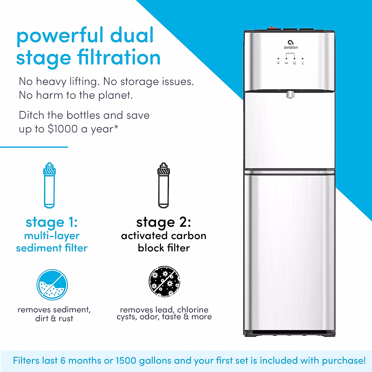 Avalon A3F Bottom Loading Water Cooler Dispenser with BioGuard-3 Temperature Settings-UL-Filtered