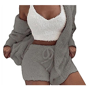 Vakkest Women's Fuzzy 3 Piece Sweatsuit Open Front Cardigan Crop Tank Tops Lounge Sets Outfit Pajamas Sherpa Outwear Nightwear