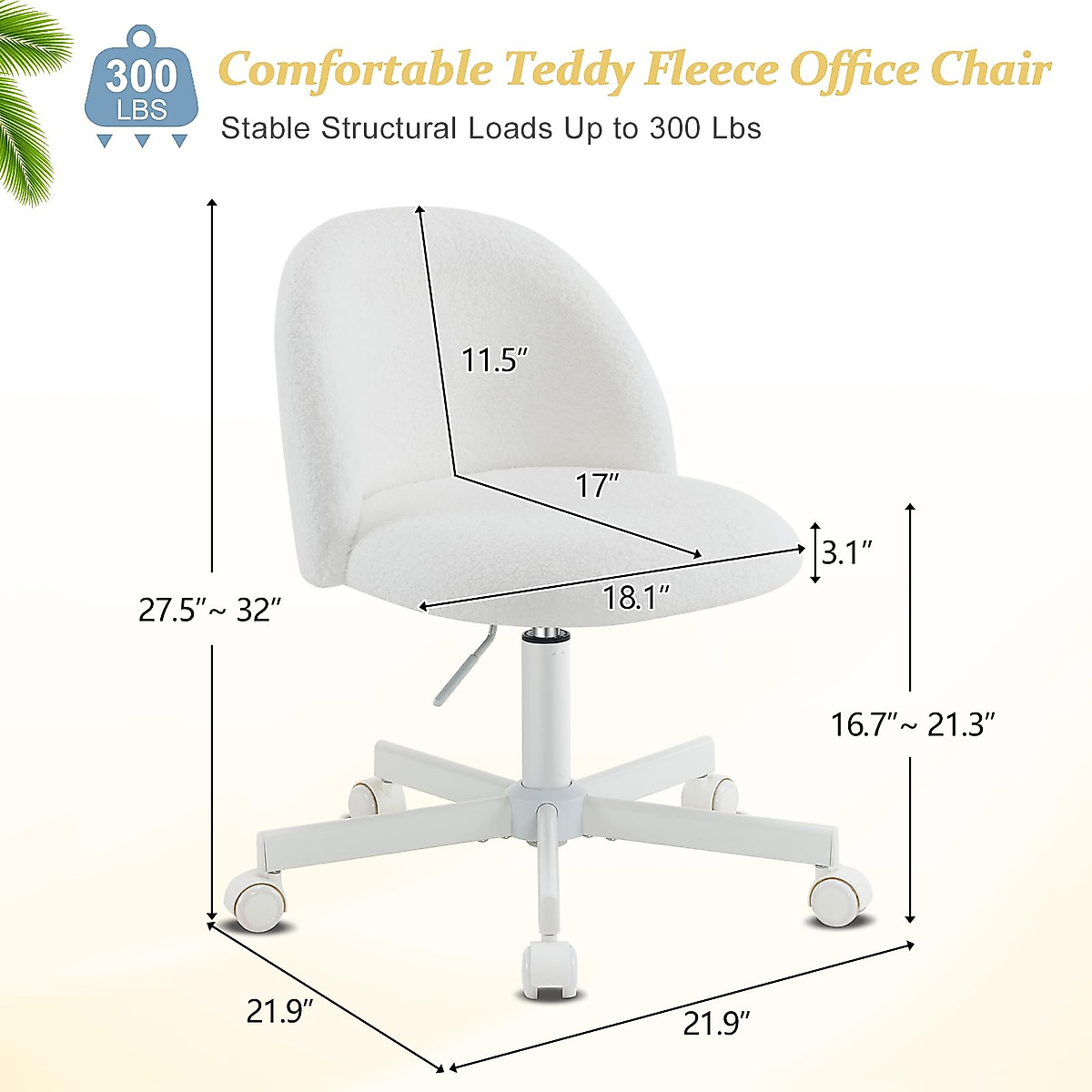 VINGLI Candy Chair Armless Cute Desk Chair,Comfy Small Office Chair with Wheels,Vanity Chair with Lumbar Support,Teddy Adjustable Rolling Swivel Computer Task Chair for Home Office,Bedroom,White