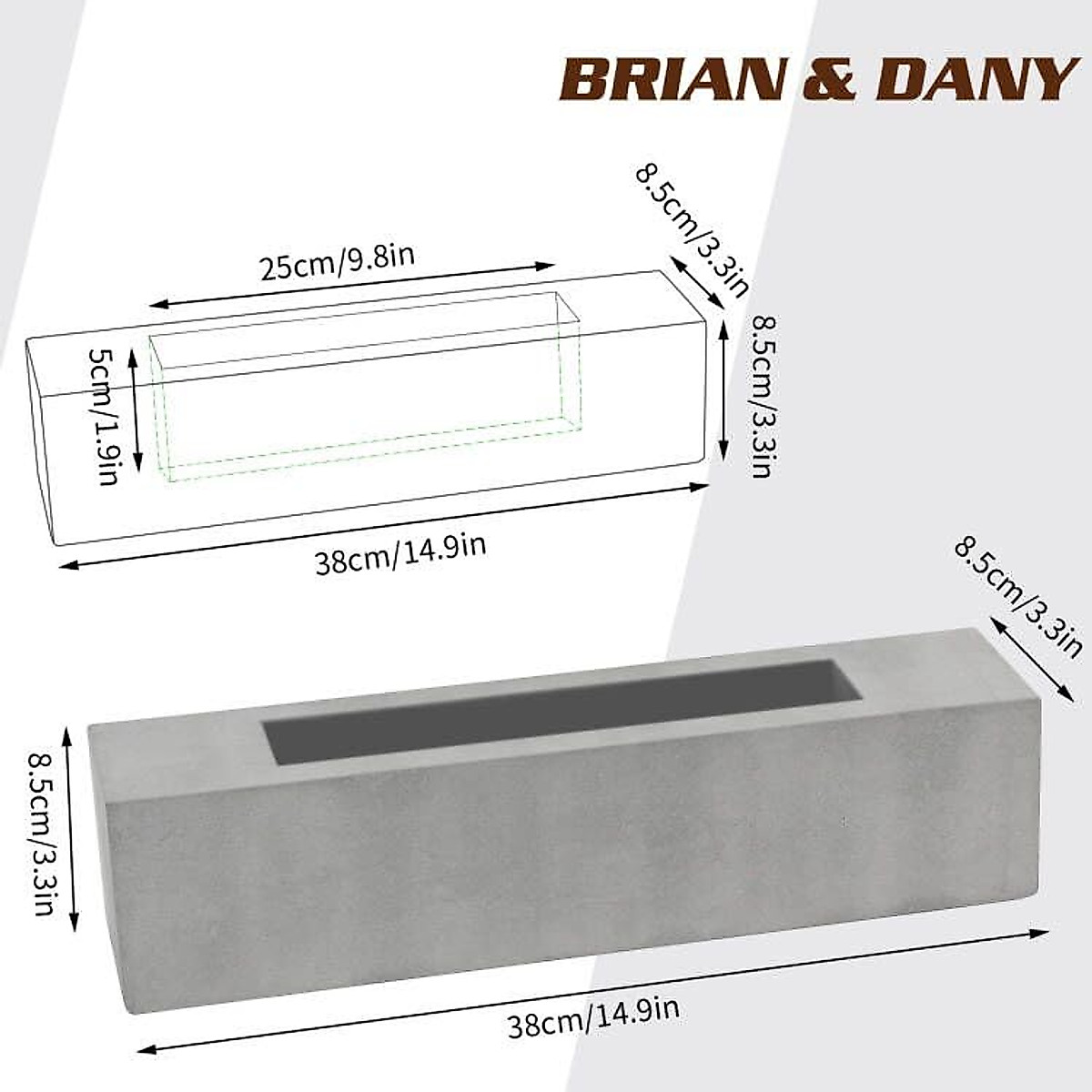 BRIAN & DANY Tabletop Fire Pit, Concrete Table Top Firepit for Outdoor, Large Rectangle Ethanol Tabletop Fireplace