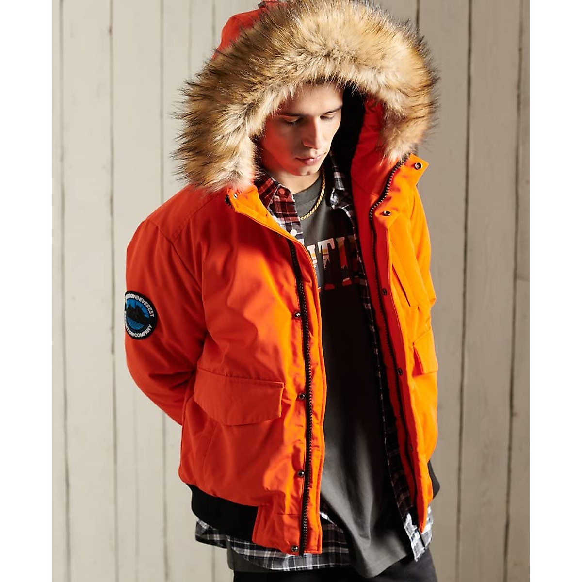 Superdry Mens Everest Bomber Jacket, Zip And Popper Fastening Orange Size M