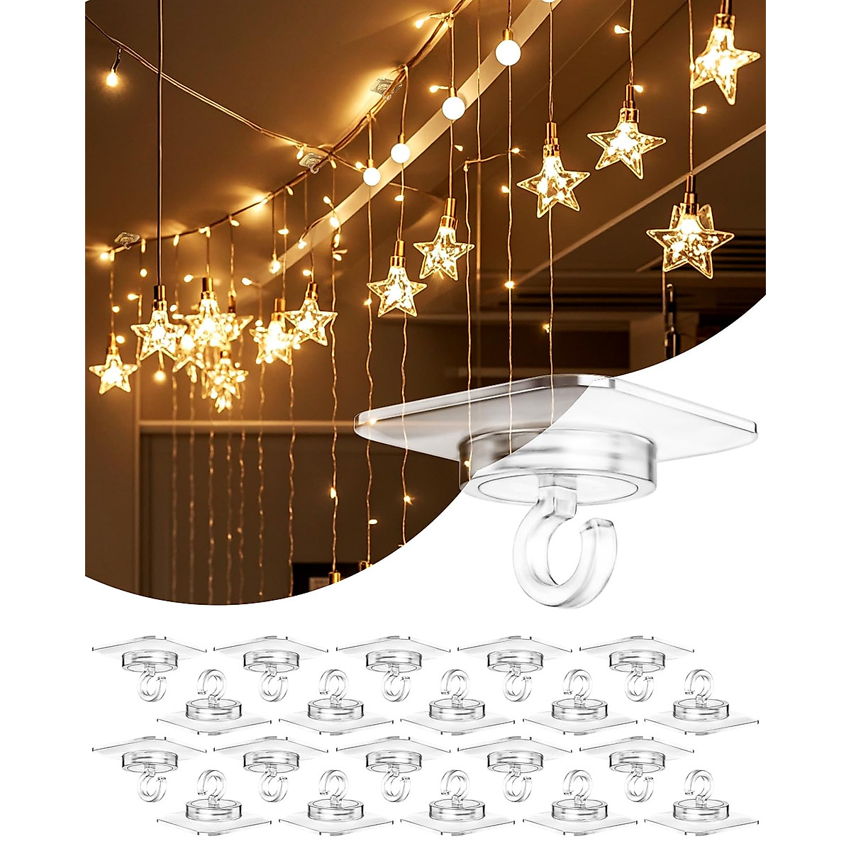 Adhesive Ceiling Hooks for Hanging Decor：20 Pack No Drill Small Drop Ceiling Hanger Strips for Decorations - Clear Decorative Ceiling Clips for Classroom Bedroom Room Party Halloween Christmas
