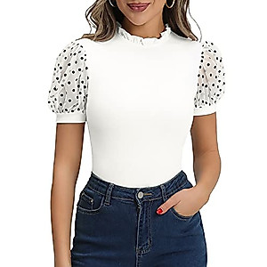 MANGOPOP Women's Bodysuit Ruffle Mock Turtle Neck Polka Dot Sheer Mesh Puff Short Sleeve Slim Fit Body Suit Tops Casual Sexy (L, B Short Sleeve White)
