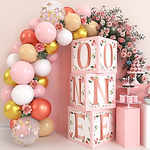 Levfla Rose Gold Floral One Balloons Boxes Spring Party Decoration Baby First Birthday Backdrop Blocks Pink Flowers Photo Centerpieces One Year Anniversary Celebration Favor Ideas