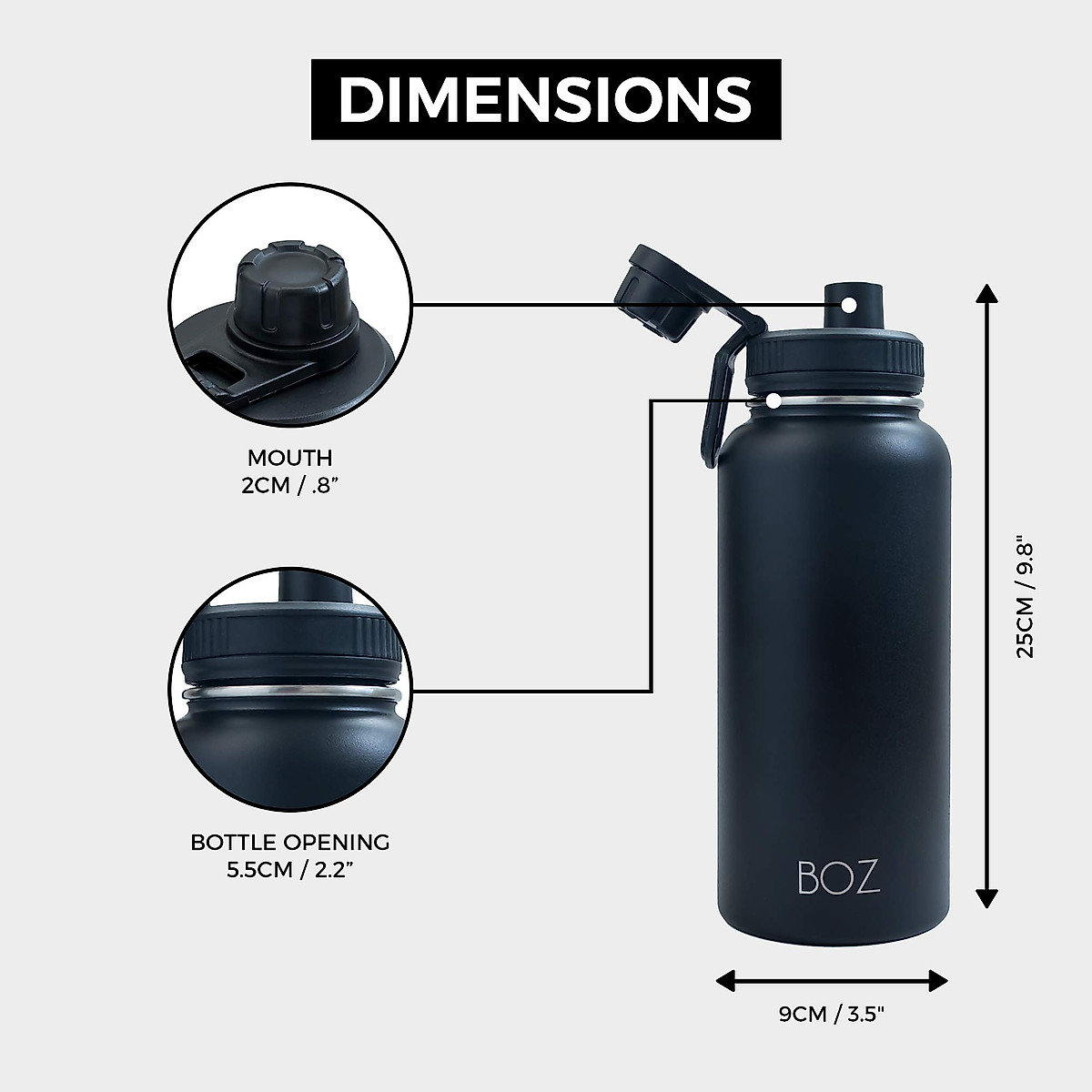 BOZ Stainless Steel Water Bottle XL (1 L / 32oz) Wide Mouth, BPA Free, Vacuum Double Wall Insulated (Matte Black)