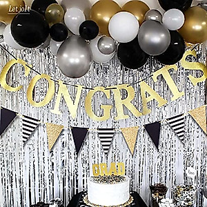 Gold Black Triangle Banner Decorations Bunting Signs for Graduation Flags Decoration Birthday Gatsby Party Nursery Classroom Anniversary Decor Golden New Year Supplies 15pcs 10 Feet (Golden Black Striped)