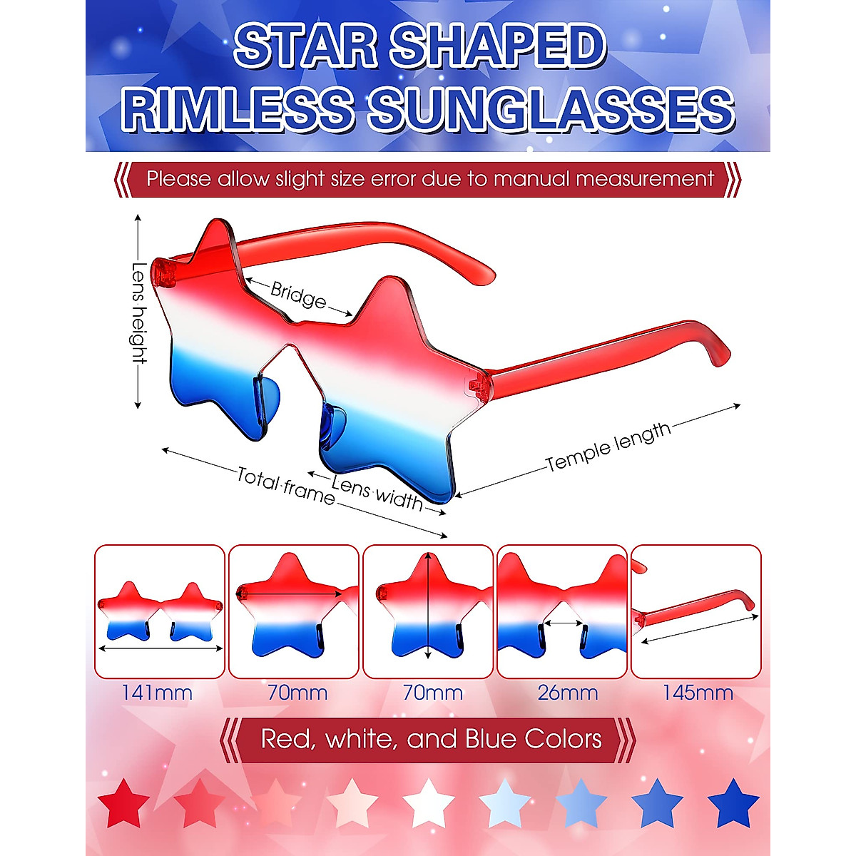 Kanayu 12 Pairs Red White and Blue Star Glasses 4th of July Rimless Sunglasses Pentagram Sunglasses for Independence Day(Red Leg)
